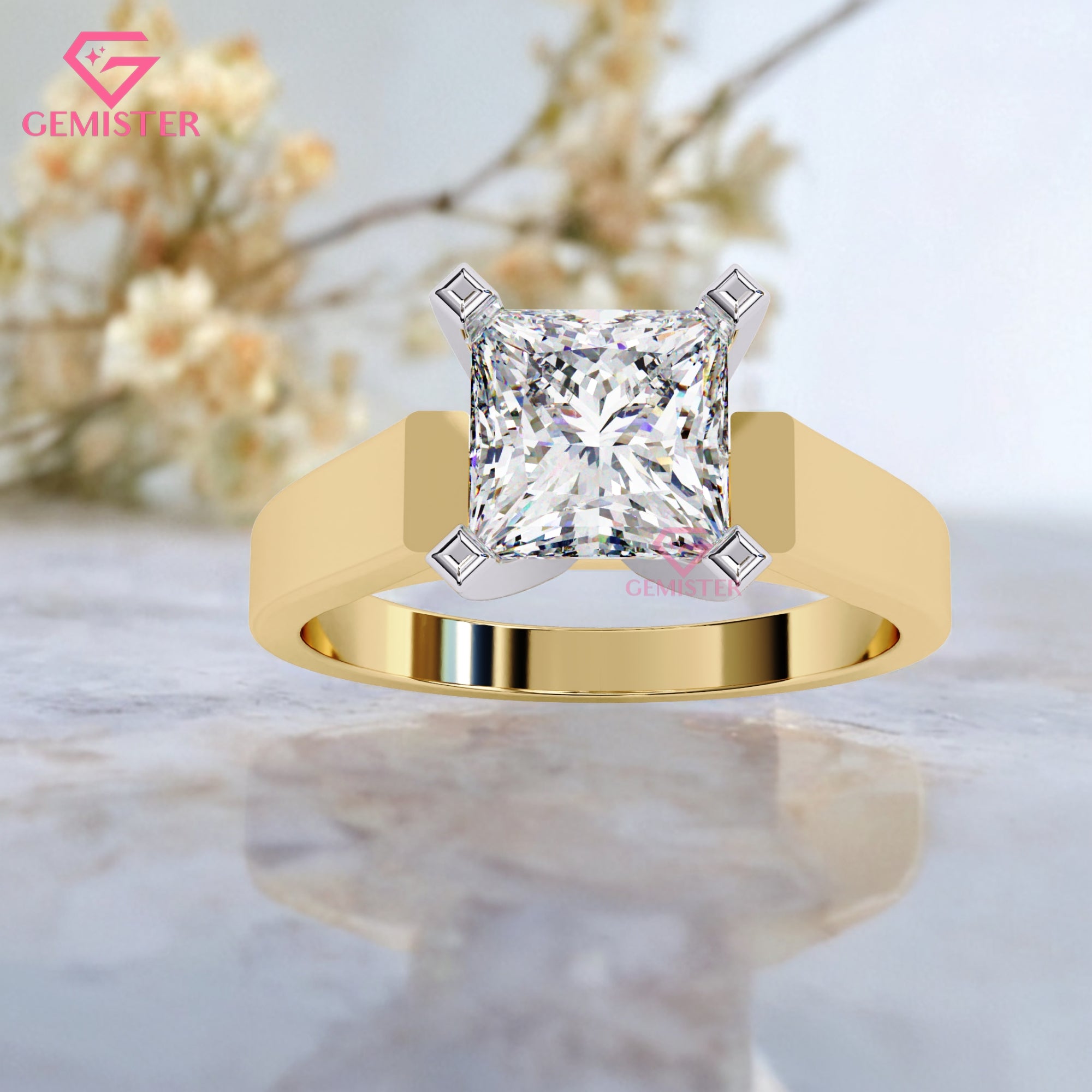 1.72 CT Princess Cut Moissanite Solitaire Engagement Ring with Wide Go ...